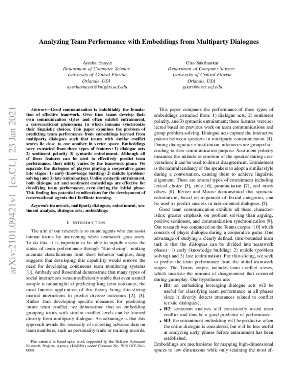 Pdf Analyzing Team Performance With Embeddings From Multiparty