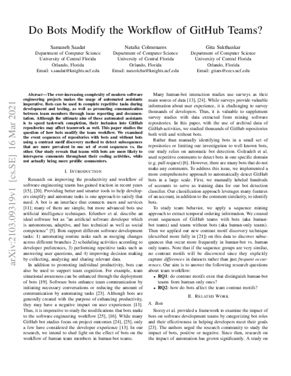 (PDF) Do Bots Modify the Workflow of GitHub Teams?