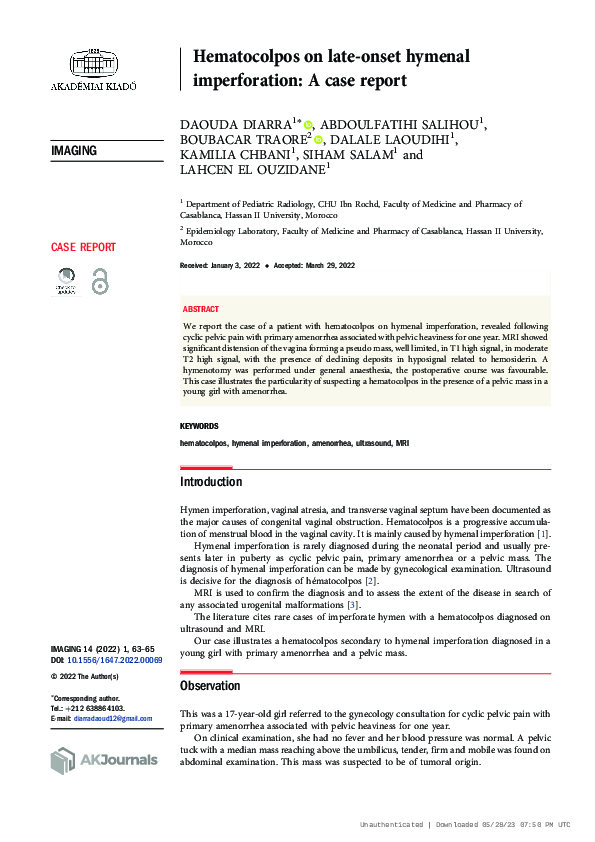 (PDF) Hematocolpos on late-onset hymenal imperforation: A case report