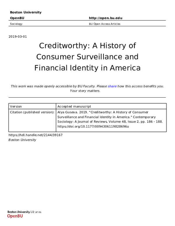 (PDF) Creditworthy: A History of Consumer Surveillance and Financial ...