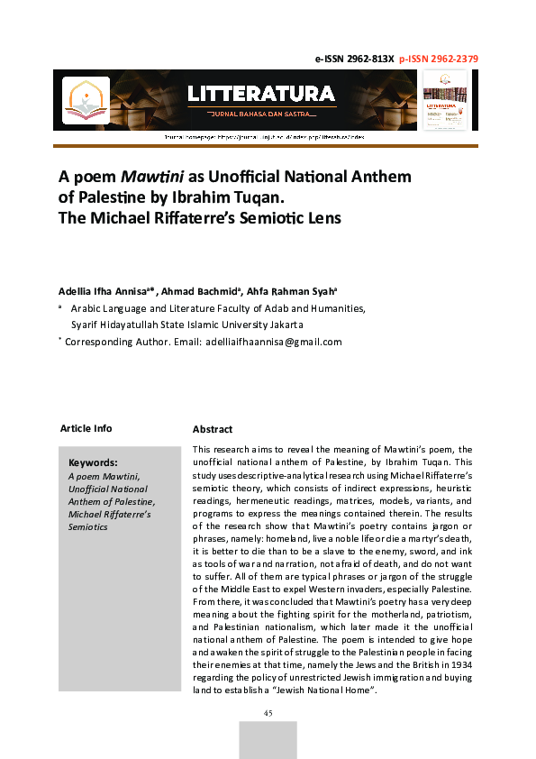 (PDF) A poem Mawtini as Unofficial National Anthem of Palestine by ...