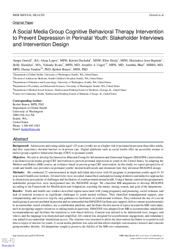 (PDF) A Social Media Group Cognitive Behavioral Therapy Intervention to Prevent Depression in ...