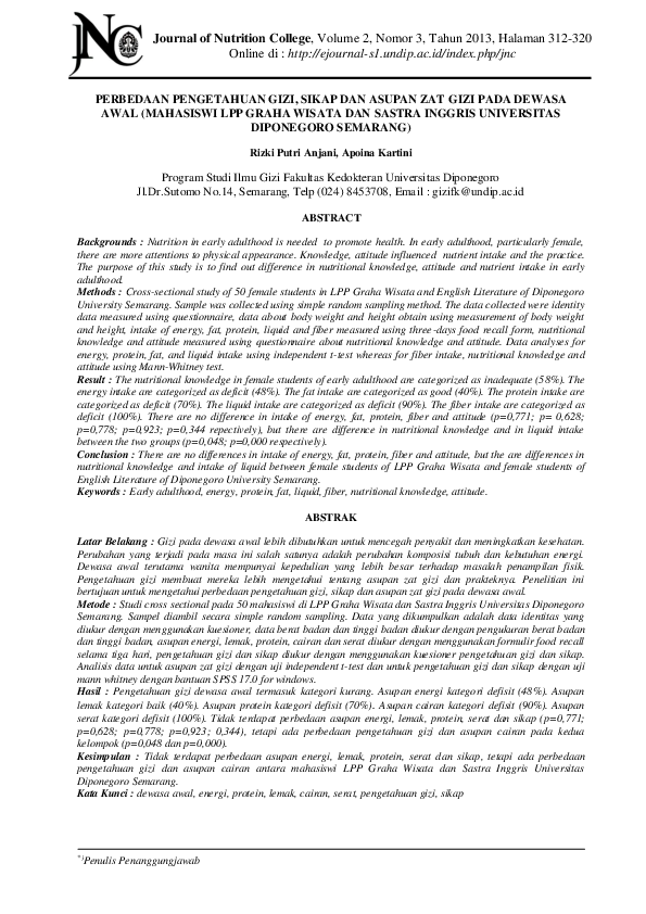 (PDF) Perbedaan Pengetahuan Gizi, Sikap Dan Asupan Zat Gizi Pada Dewasa Awal (Mahasiswi LPP ...