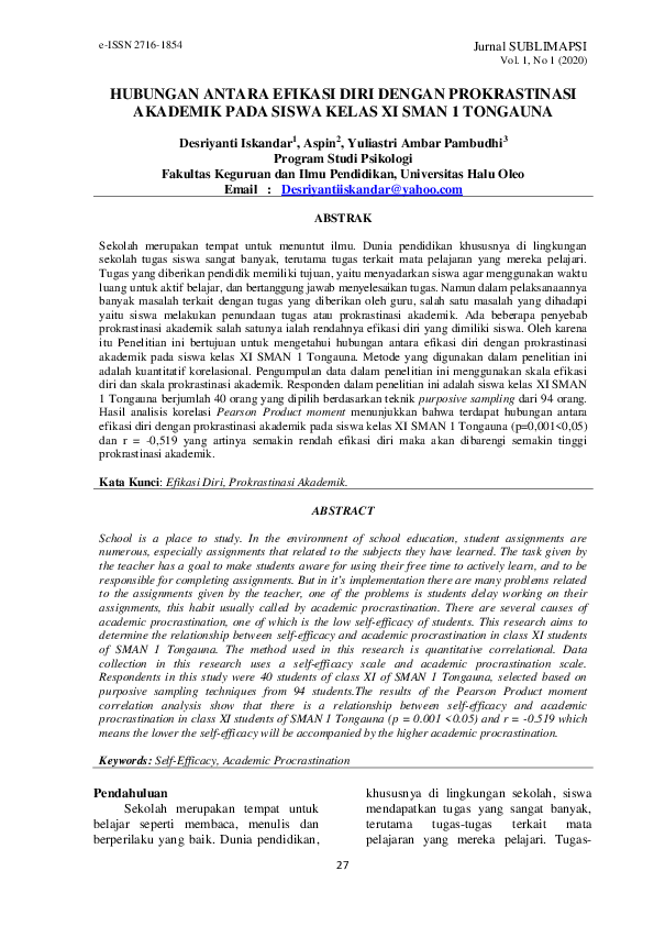 (PDF) Hubungan Antara Efikasi Diri Dengan Prokrastinasi Akademik Pada Siswa Kelas XI Sman 1 ...