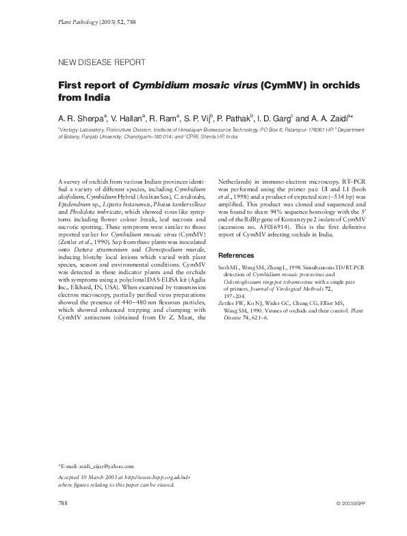 (PDF) First report of Cymbidium mosaic virus (CymMV) in orchids from India