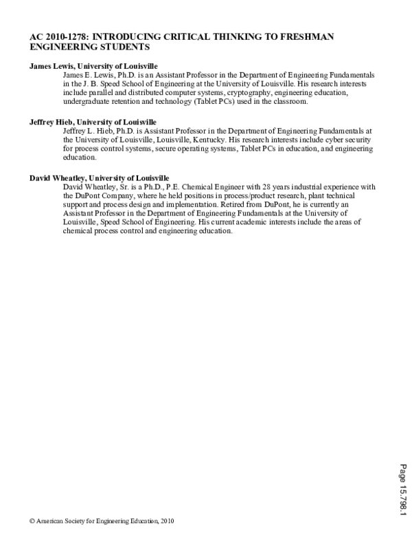 (PDF) Introducing Critical Thinking To Freshman Engineering Students