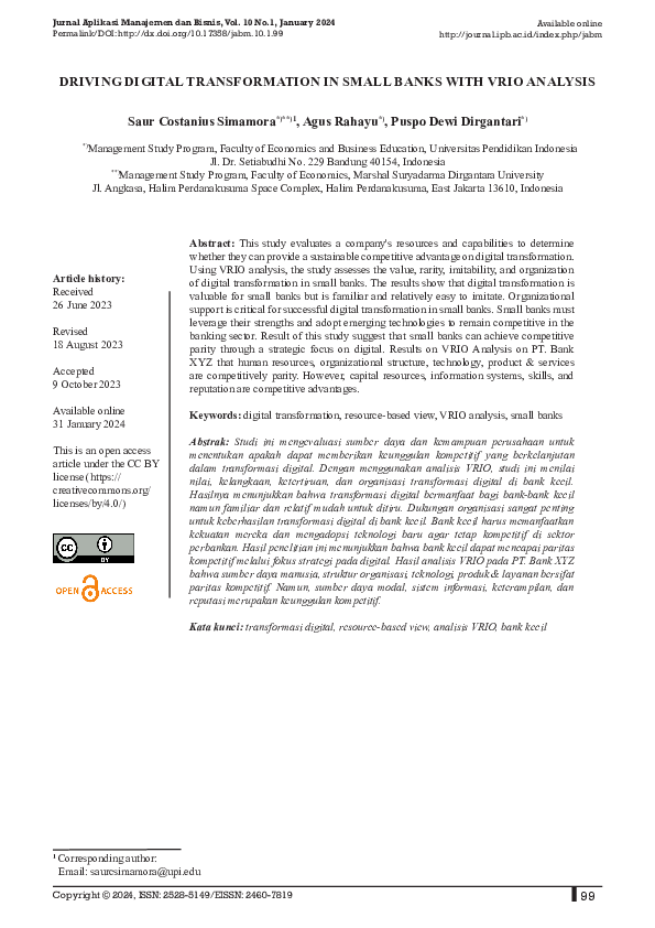 (PDF) DRIVING DIGITAL TRANSFORMATION IN SMALL BANKS WITH VRIO ANALYSIS