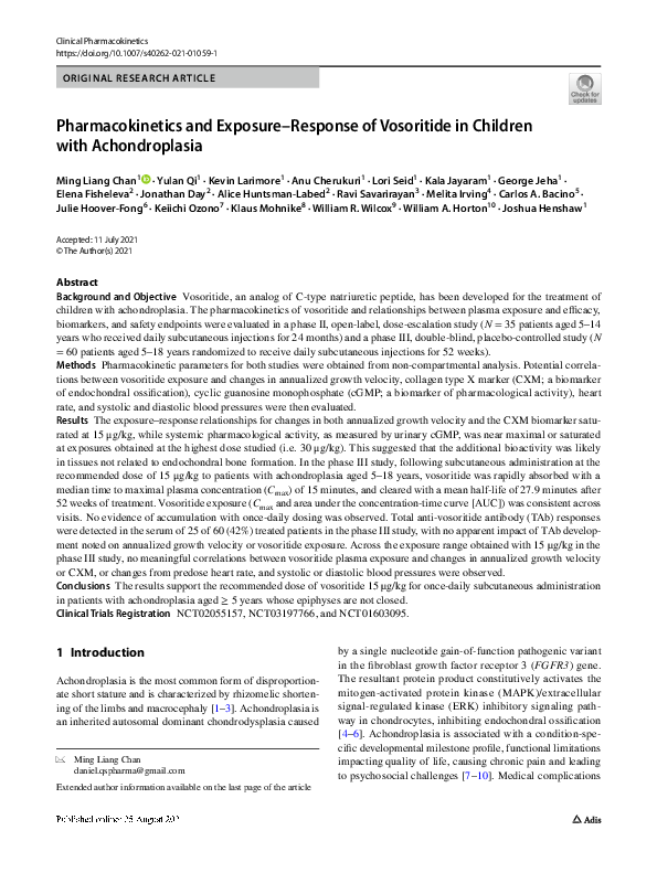 (PDF) Pharmacokinetics and Exposure–Response of Vosoritide in Children ...