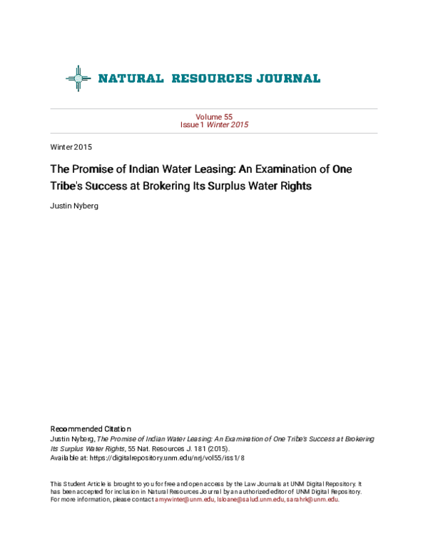 (PDF) The Promise of Indian Water Leasing: An Examination of One Tribe ...