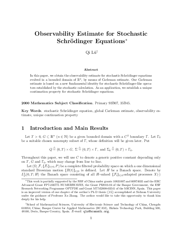 (PDF) Observability estimate for stochastic Schrödinger equations