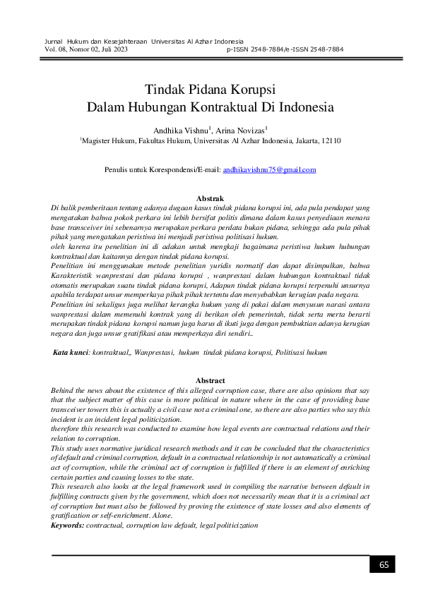 (PDF) Tindak Pidana Korupsi Dalam Hubungan Kontraktual Di Indonesia
