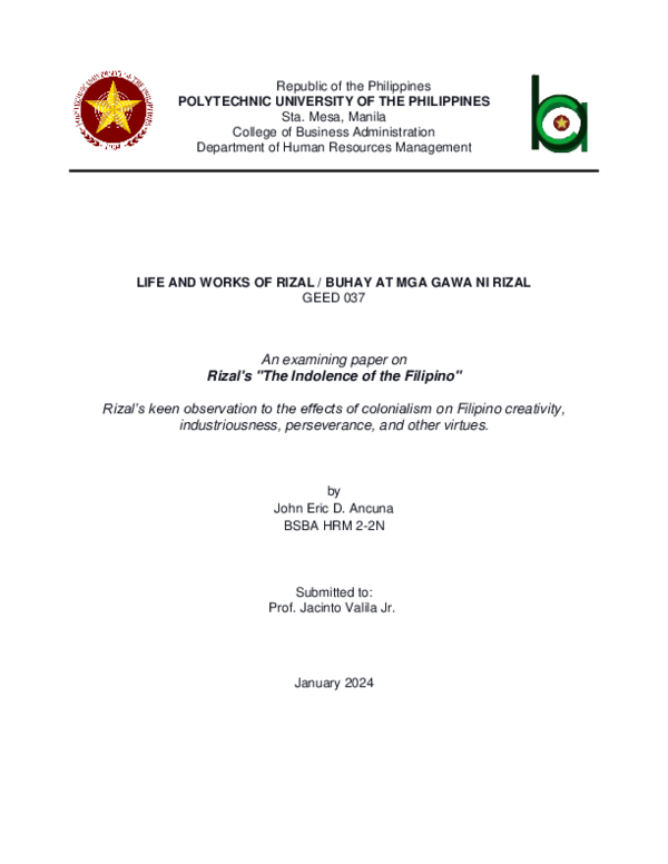 (PDF) Rizal's view on the Filipino "Indolence": Are we Filipinos ...