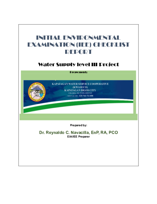 (PDF) INITIAL ENVIRONMENTAL EXAMINATION (IEE) CHECKLIST REPORT Water Supply level III Project