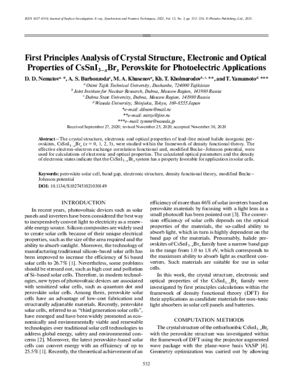 (PDF) First Principles Analysis of Crystal Structure, Electronic and Optical Properties of ...
