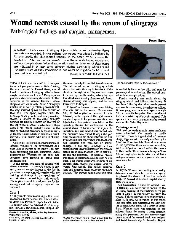 (PDF) Wound necrosis caused by the venom of stingrays | Peter Barss ...