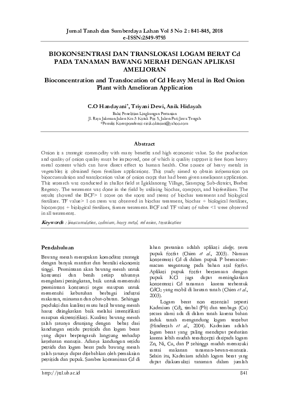 (PDF) BIOKONSENTRASI DAN TRANSLOKASI LOGAM BERAT Cd PADA TANAMAN BAWANG MERAH DENGAN APLIKASI ...