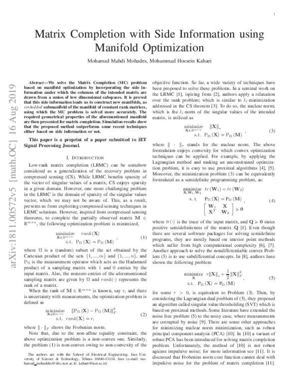 (PDF) Matrix Completion with Side Information using Manifold Optimization