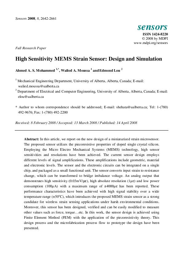 Pdf High Sensitivity Mems Strain Sensor Design And Simulation Ahmed Mohammed