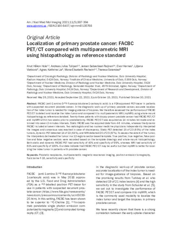 (PDF) Localization of primary prostate cancer: FACBC PET/CT compared ...