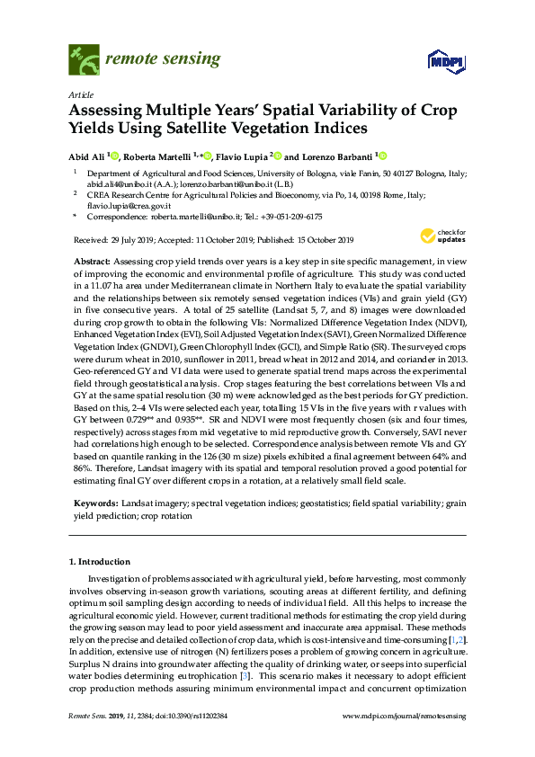 (PDF) Spatial Variability of Crop Yields Via Satellites