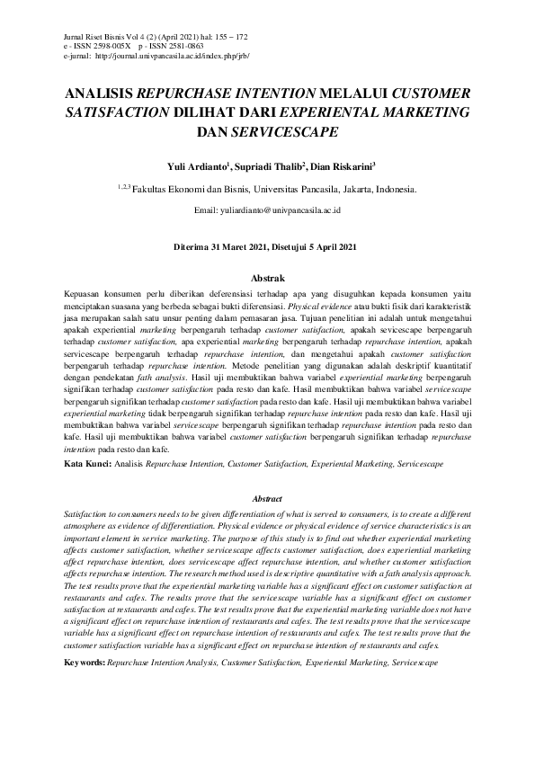 (PDF) Analisis Repurchase Intention Melalui Customer Satisfaction Dilihat Dari Experiental ...