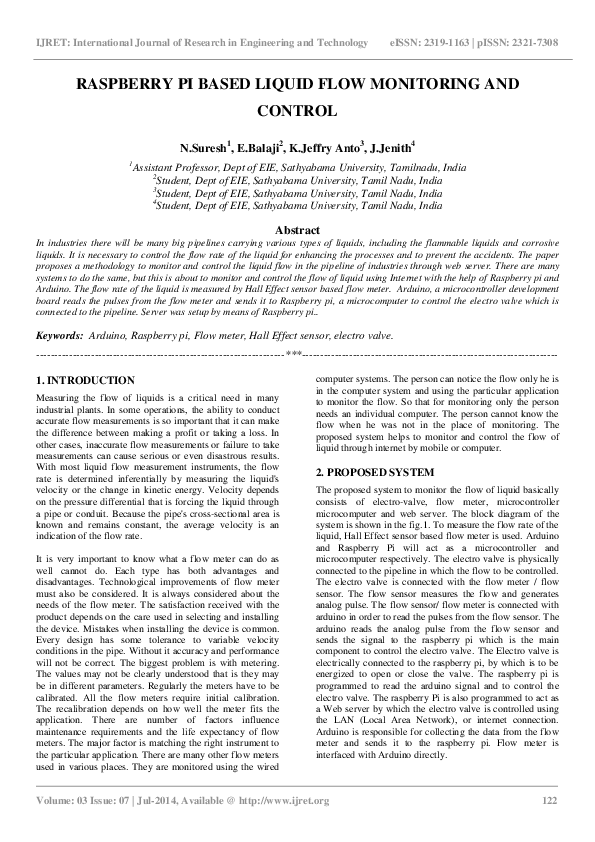 Pdf Raspberry Pi Based Liquid Flow Monitoring And Control Suresh