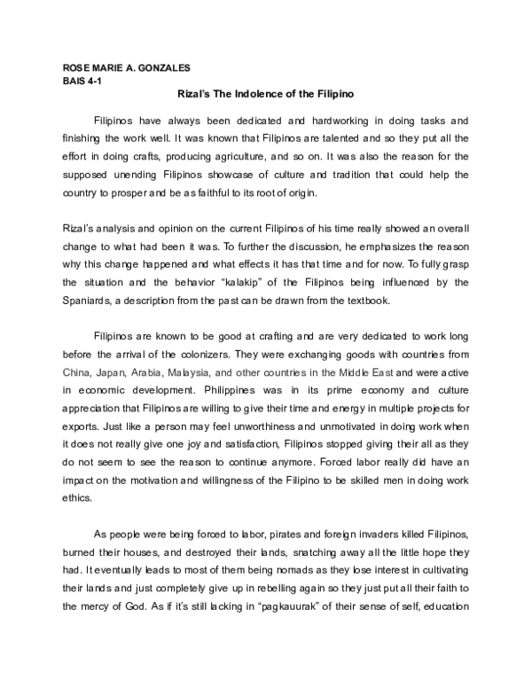 (PDF) REFLECTION PAPER: RIZAL'S THE INDOLENCE OF THE FILIPINO
