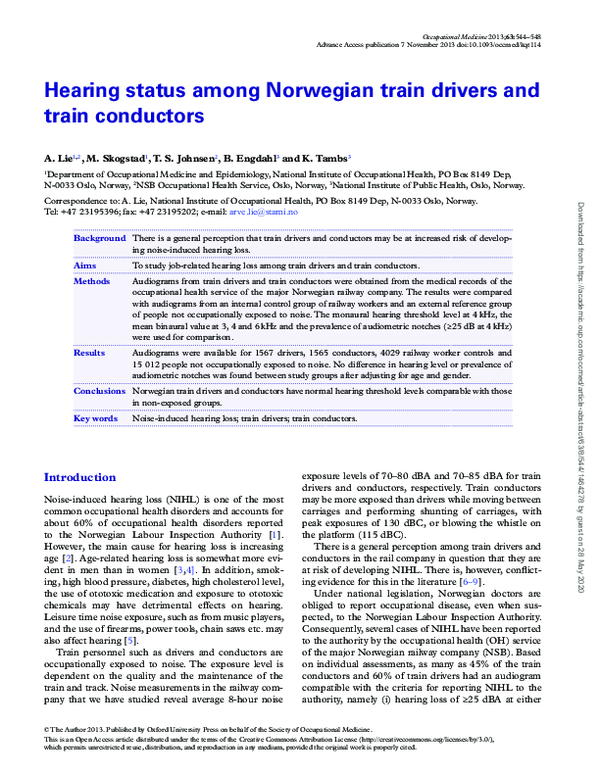 (PDF) Hearing status among Norwegian train drivers and train conductors