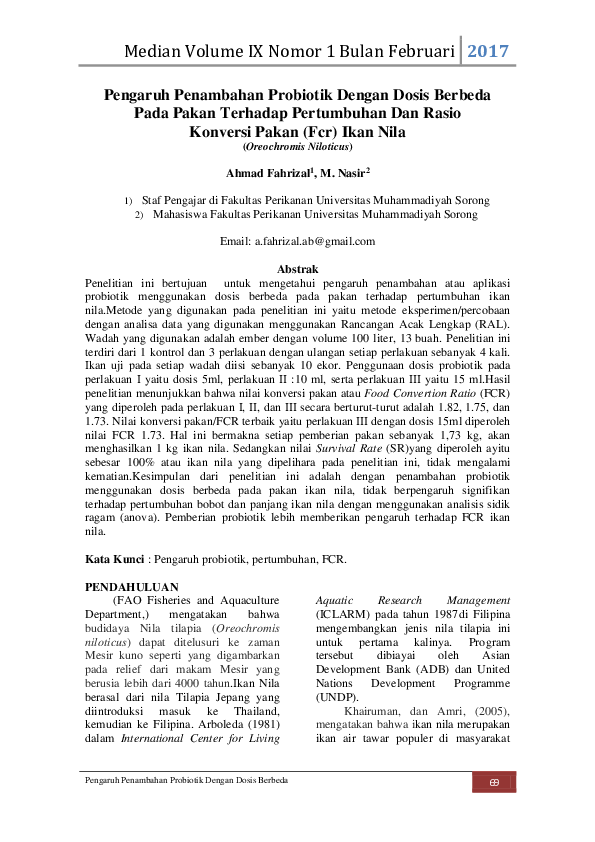 (PDF) Pengaruh Penambahan Probiotik Dengan Dosis Berbeda Pada Pakan Terhadap Pertumbuhan Dan ...