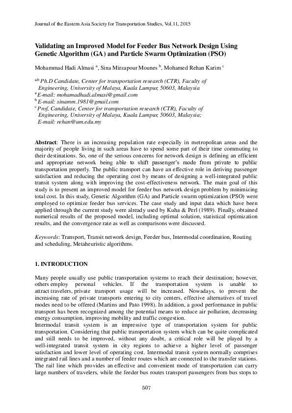 (PDF) Validating an Improved Model for Feeder Bus Network Design Using Genetic Algorithm (GA ...