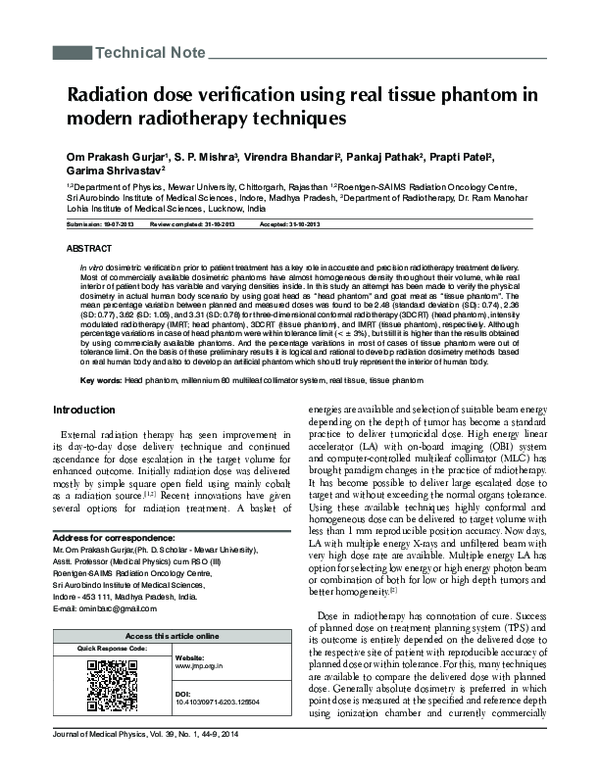 (PDF) Radiation dose verification using real tissue phantom in modern ...