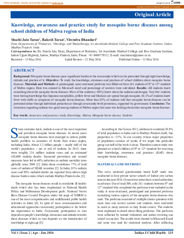 (PDF) Knowledge, Awareness and Practice Study for Mosquito Borne ...