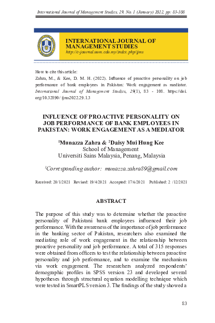 (PDF) Influence of Proactive Personality on Job Performance of Bank ...