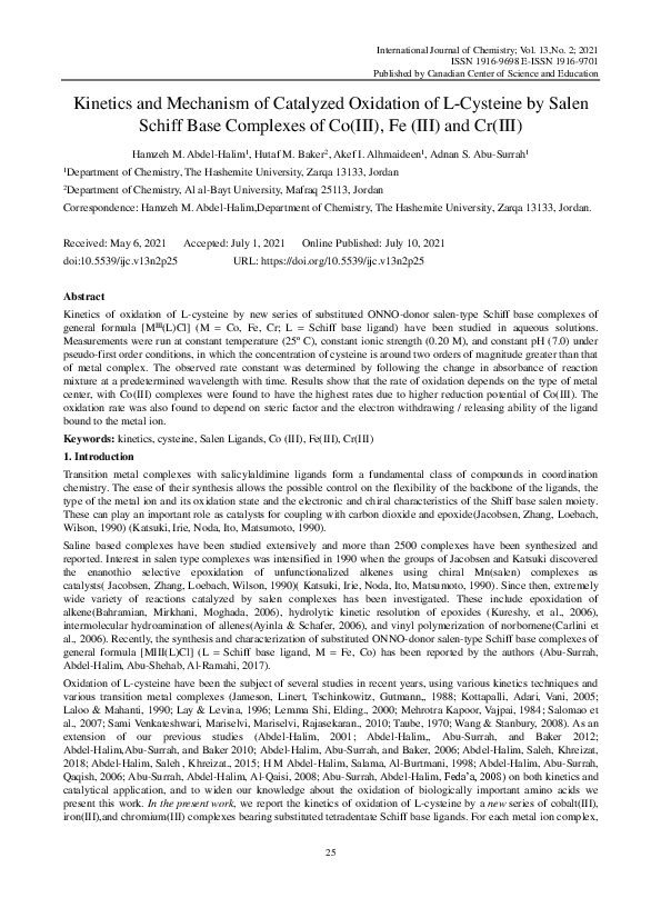 (PDF) Kinetics and Mechanism of Catalyzed Oxidation of L-Cysteine by Salen Schiff Base Complexes ...