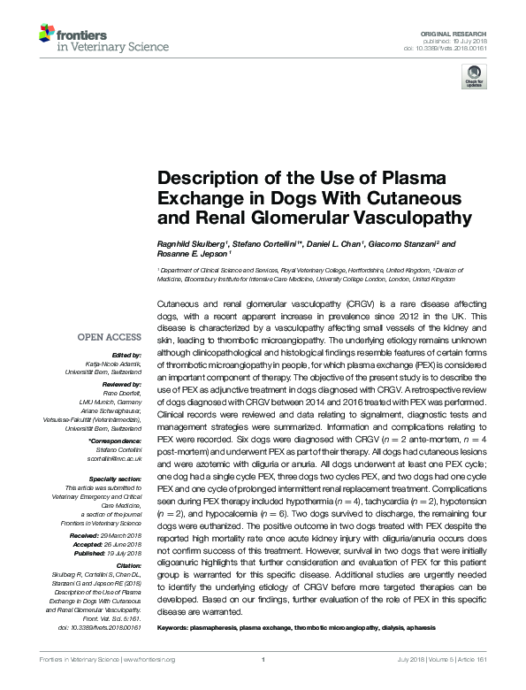 (PDF) Description of the Use of Plasma Exchange in Dogs With Cutaneous ...
