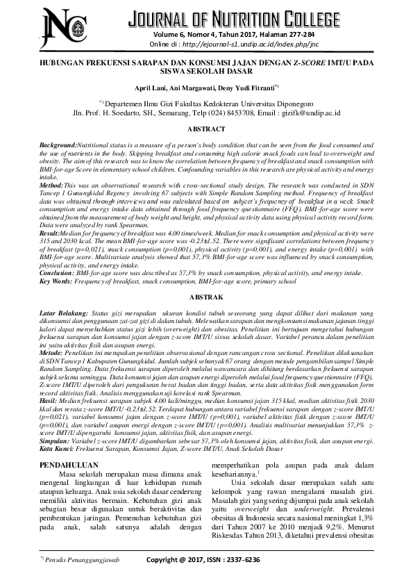 (PDF) Hubungan Frekuensi Sarapan Dan Konsumsi Jajan Dengan Z-Score Imt ...