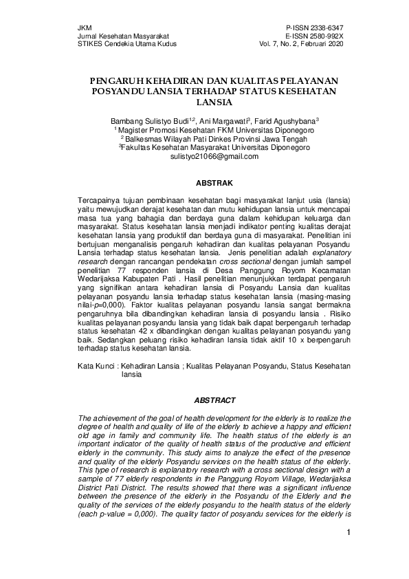 (PDF) Pengaruh Kehadiran Dan Kualitas Pelayanan Posyandu Lansia Terhadap Status Kesehatan Lansia