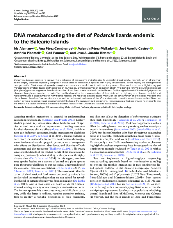 (PDF) DNA metabarcoding the diet of Podarcis lizards endemic to the ...