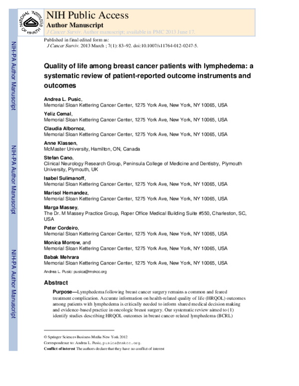 (PDF) Quality of life among breast cancer patients with lymphedema: a ...