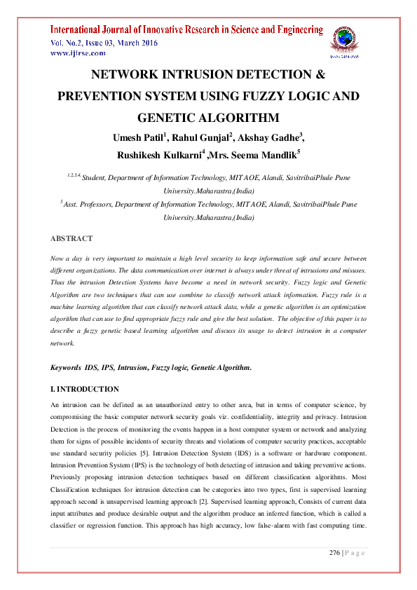 Pdf Network Intrusion Detection And Prevention System Using Fuzzy Logic