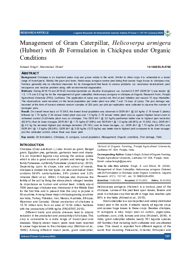 (PDF) Management of Gram Caterpillar, Helicoverpa armigera (Hubner) with Bt Formulation in ...