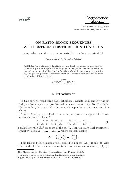 (PDF) On ratio block sequences with extreme distribution function