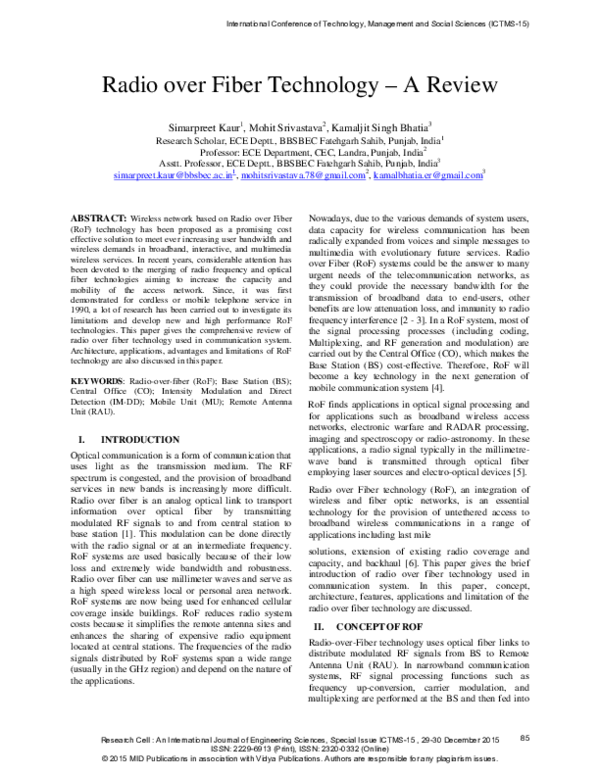 (PDF) Radio over Fiber Technology: A Review