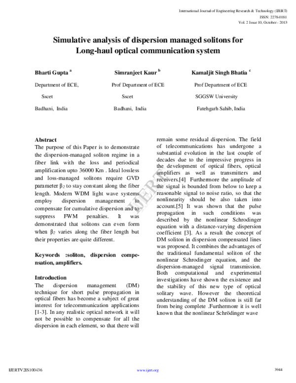 (PDF) Simulative analysis of dispersion managed solitons for Long-haul optical communication system