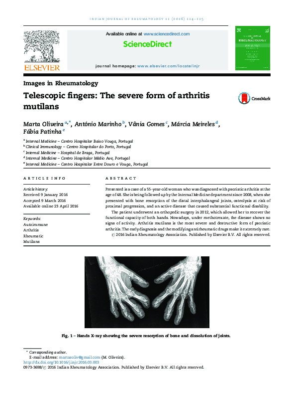 (PDF) Telescopic fingers: The severe form of arthritis mutilans ...