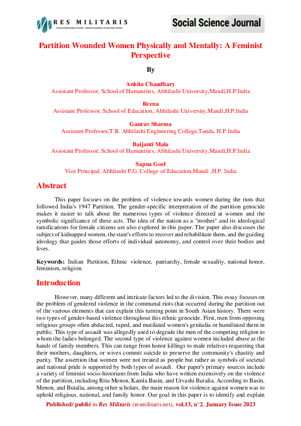 (PDF) Partition Wounded Women Physically and Mentally: A Feminist ...
