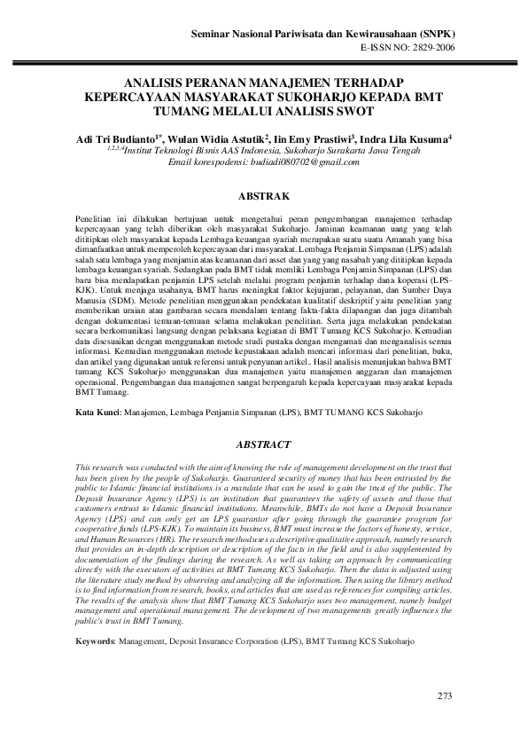 (PDF) Analisis Peranan Manajemen Terhadap Kepercayaan Masyarakat Sukoharjo Kepada BMT Tumang ...