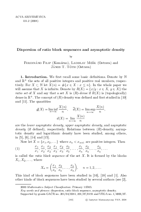 (PDF) Dispersion of ratio block sequences and asymptotic density | János Tóth - Academia.edu