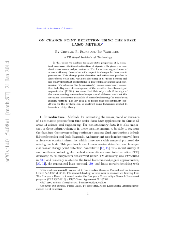 (PDF) On change point detection using the fused lasso method