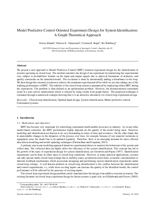 Pdf Model Predictive Control Oriented Experiment Design For System Identification A Graph 
